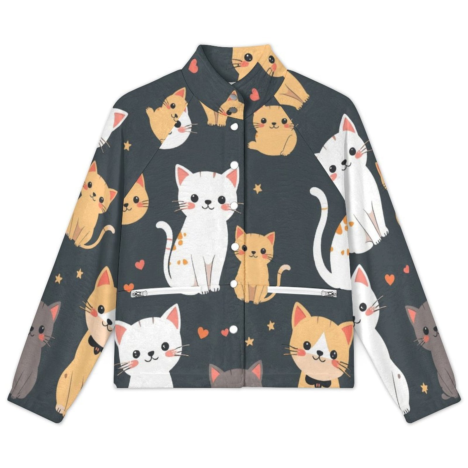 Cute Cat Pattern Design Fall Winter Women Jacket Stand Collar Thick ...