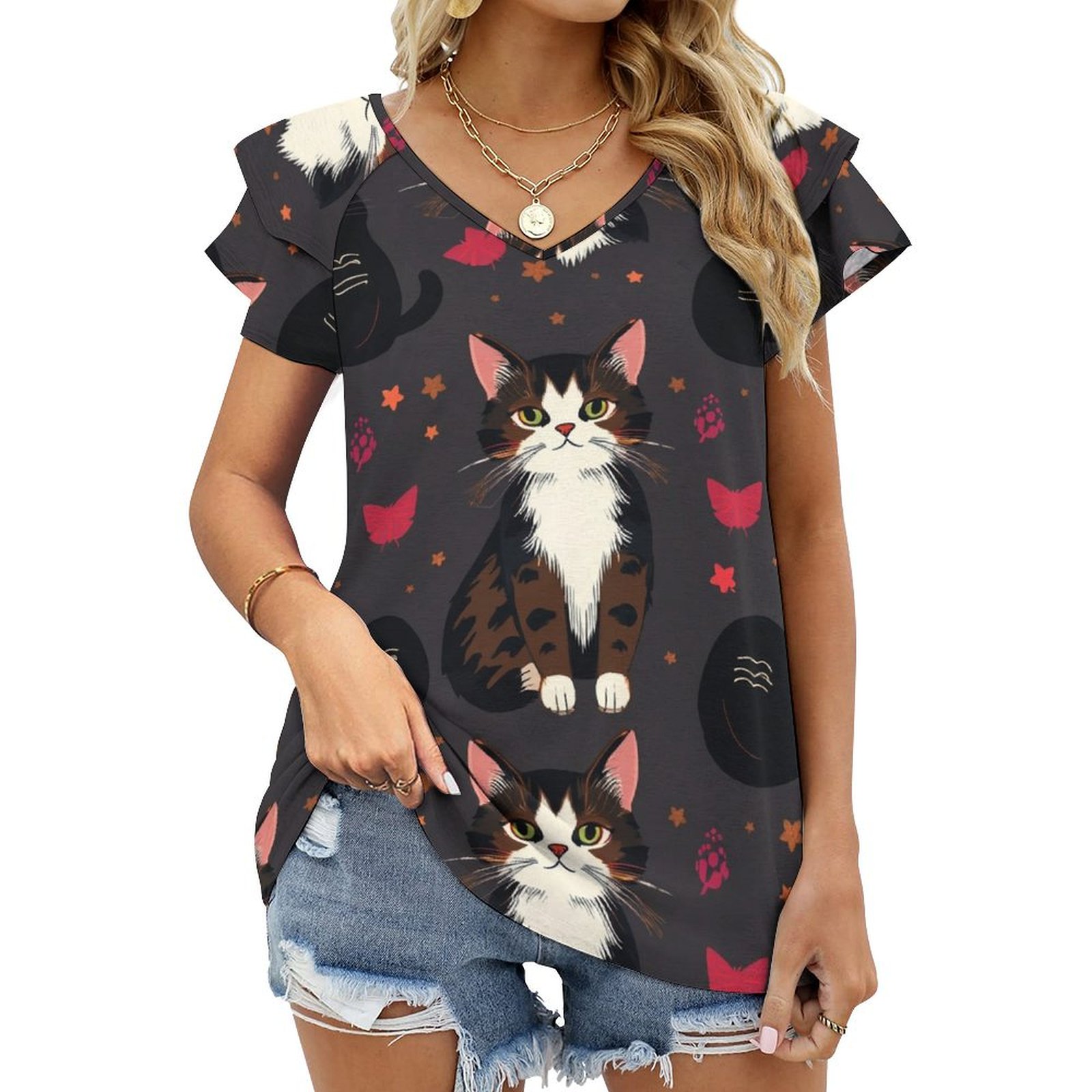 Cute Cat Pattern Design Women Lotus Leaf Neck Short Sleeve Top Female ...