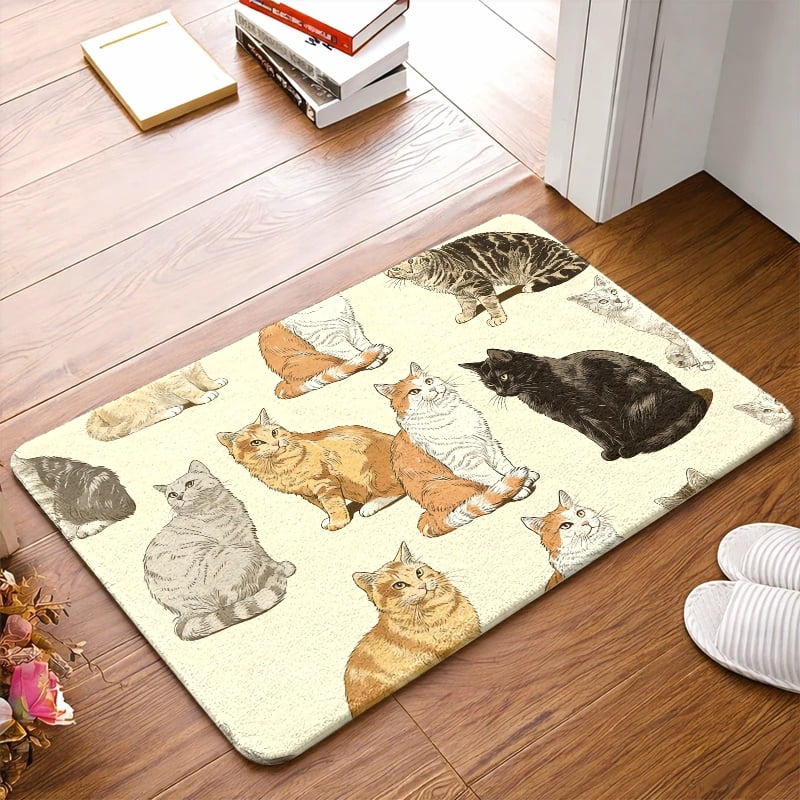 Cute Cat Pattern Flannel Floor Mat, Non-Slip Rubber Backing, Machine ...