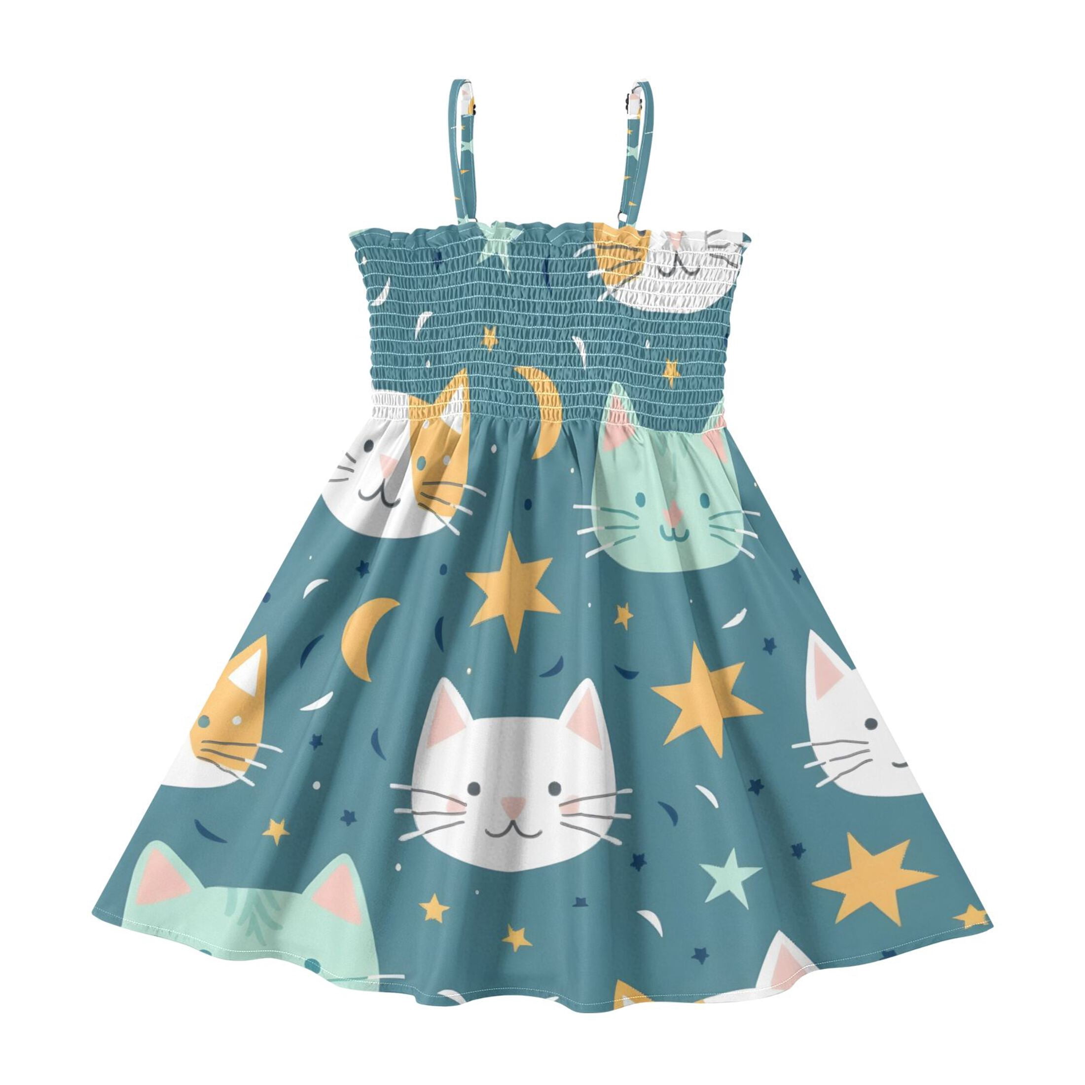 Cute Cat Pattern Girls' Casual Dresses 2Y-8Y Sleeveless Ruffle Neck for ...
