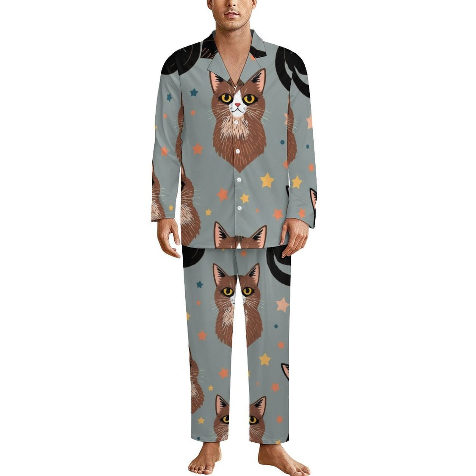 Cute Cat Pattern Pajamas Men Sleep Sleepwear Spring 2 Piece Casual ...