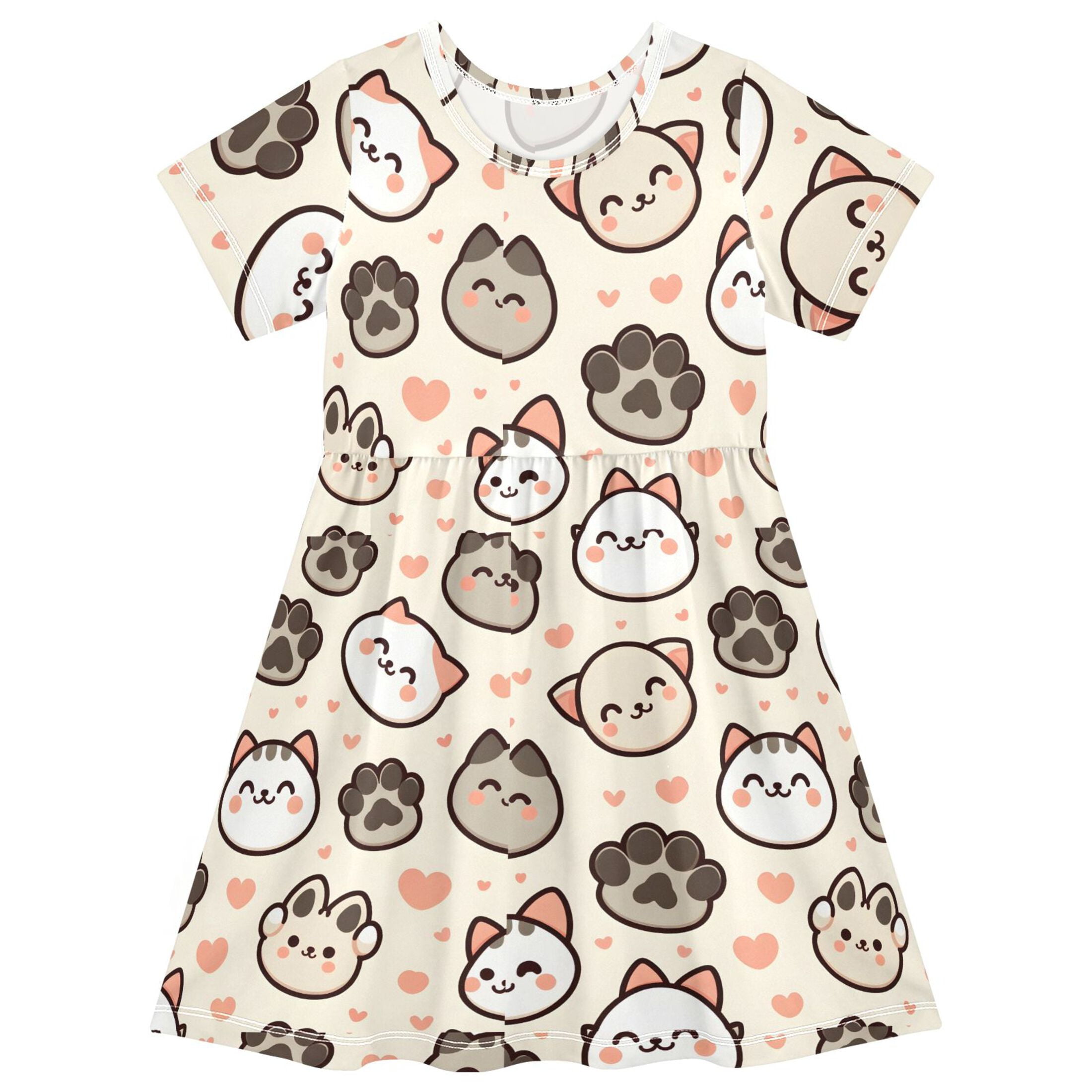 Cute Cat Paw Footprints Background Repeating Short Sleeve Dress A-Line ...