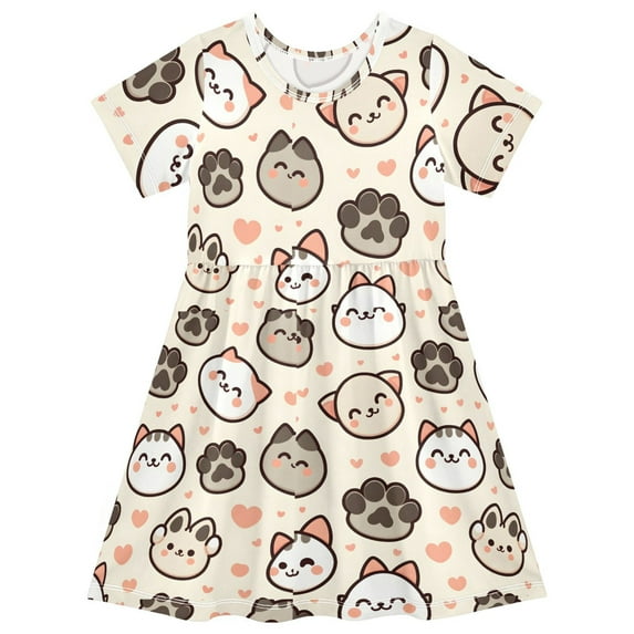 Cute Cat Paw Footprints Background Repeating Short Sleeve Dress A-Line ...