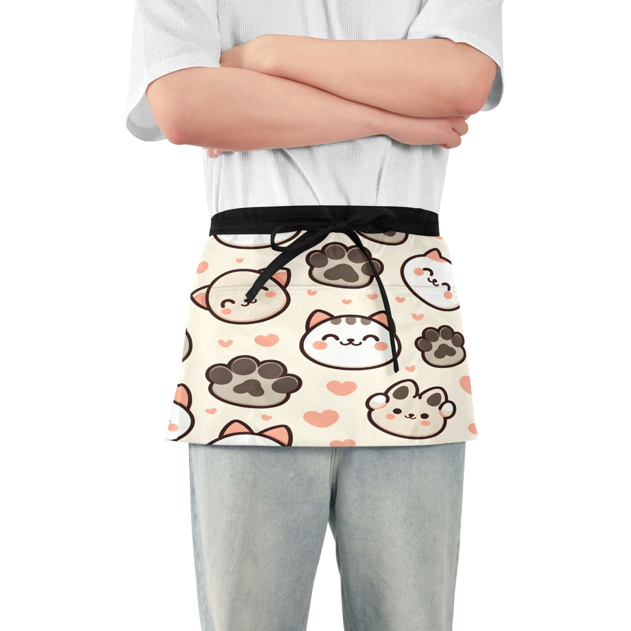 Cute Cat Paw Footprints Server Apron with 3 Pockets Waterproof Waitress ...