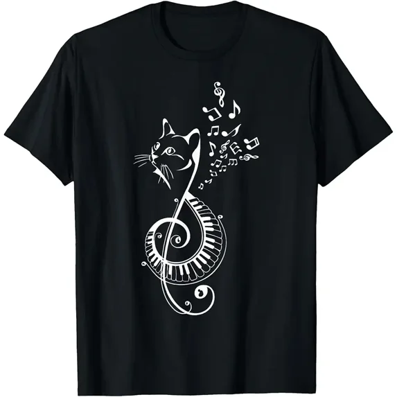 Cute Cat Piano Clef Graphic Musician Gift Unisex Short Sleeve T-Shirt ...