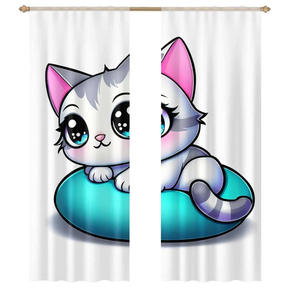 Cute Cat Pillow Print Tulle Curtains For Living Room Chiffon Sheer ...