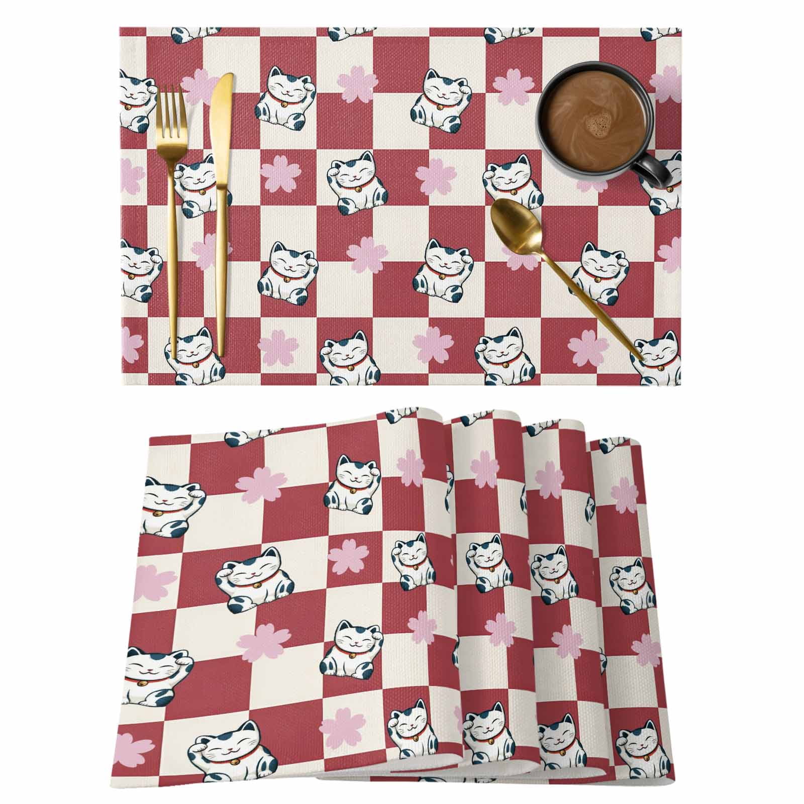Cute Cat Placemats Set of 6 Red White Plaid Cartoon Checkered Place ...