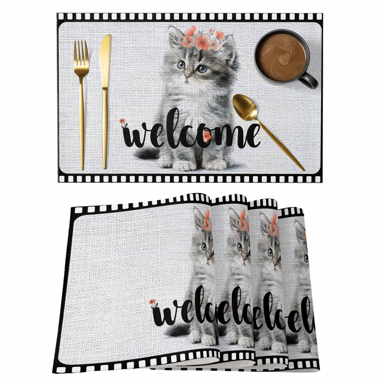 Cute Cat Placemats Set of 6, Welcome Words Animal Flower Film Boundary ...