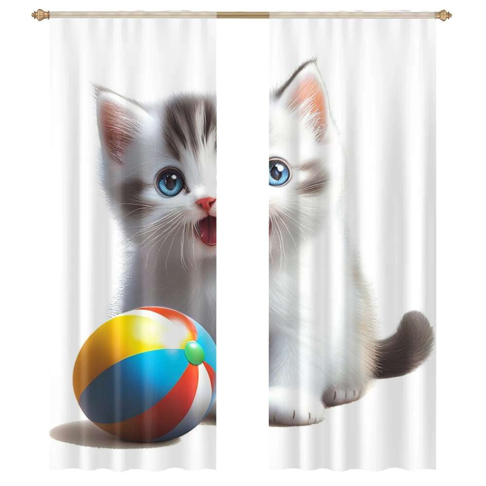 Cute Cat Playing Ball Sheer Voile Curtain Window Tulle Curtains For ...