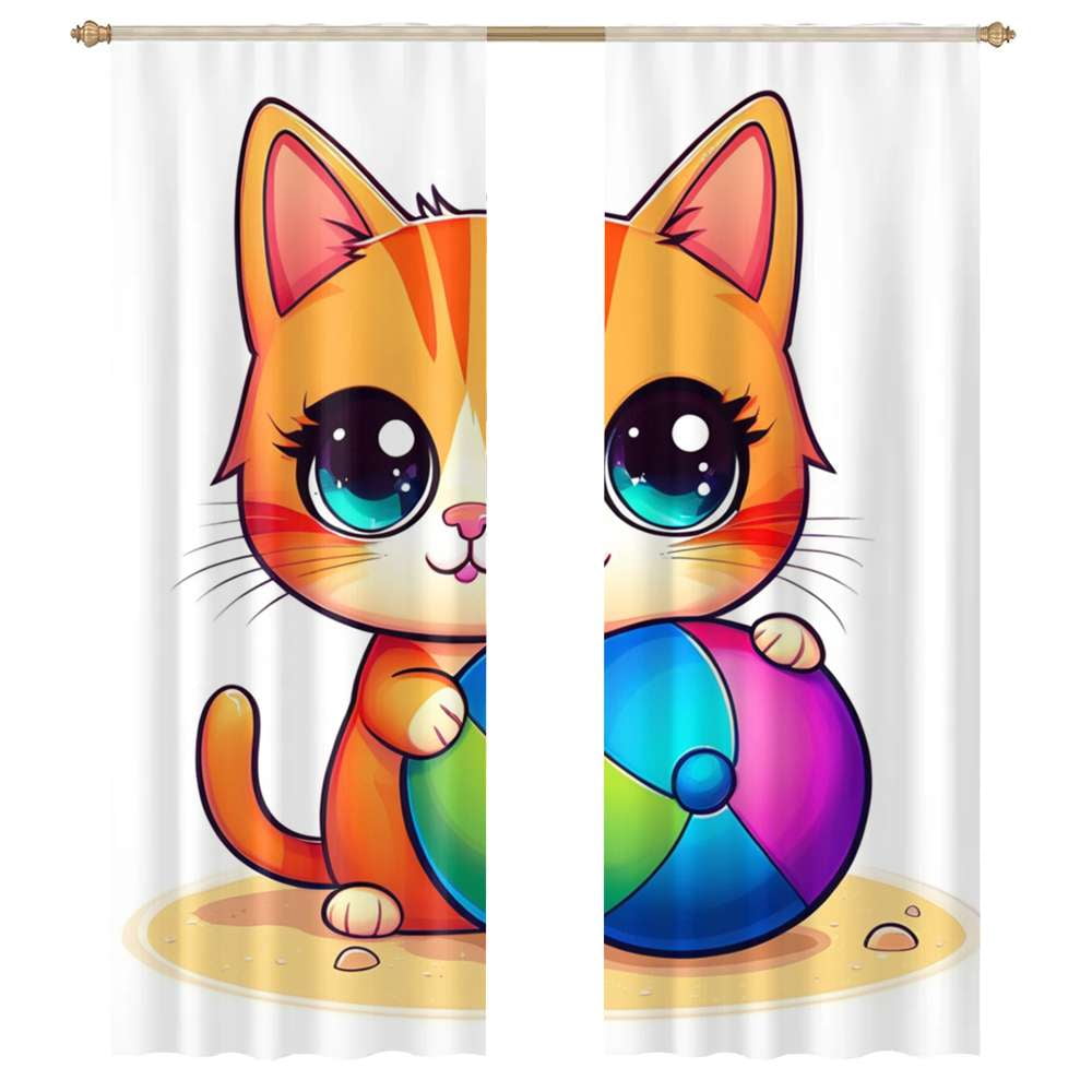 Cute Cat Playing Ball Tulle Curtains For Living Room Chiffon Sheer ...