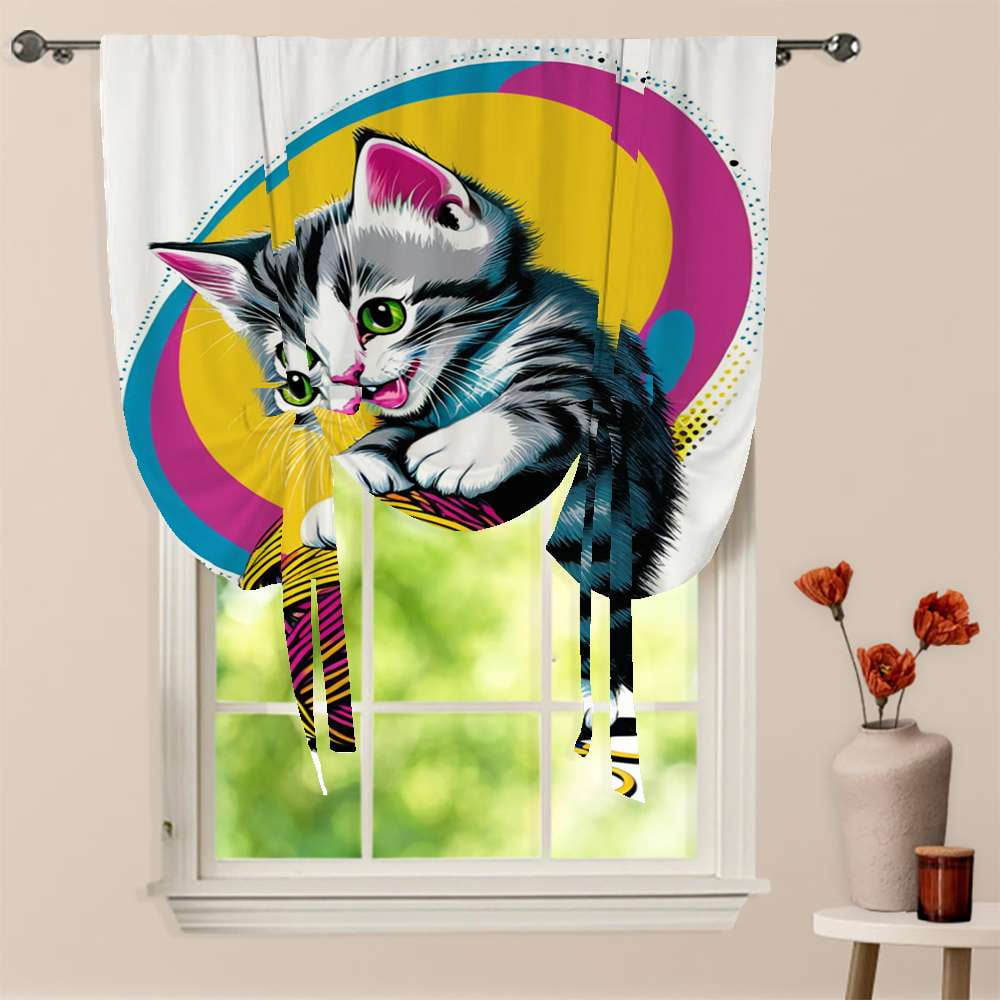Cute Cat Playing Yarn Window Curtain for Living Room Roman Curtain ...