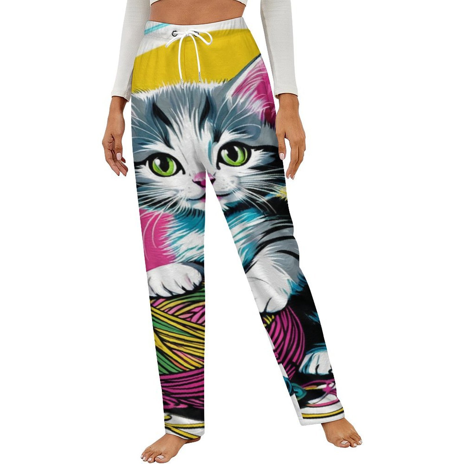 Cute Cat Playing Yarn Winter Female Pants Flannel High Waist Women ...