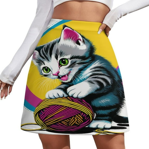Cute Cat Playing Yarn Women's High Waist Skirt Stretchy Casual Mini ...