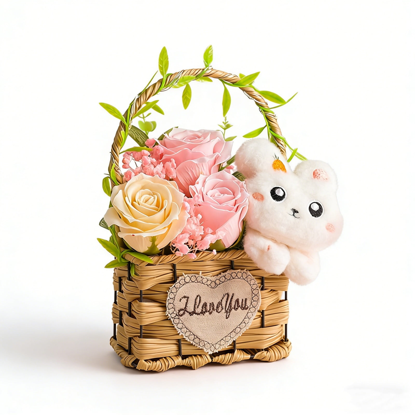 Cute Cat Plush Forever Flowers Basket - Forever Red Rose with Cute ...