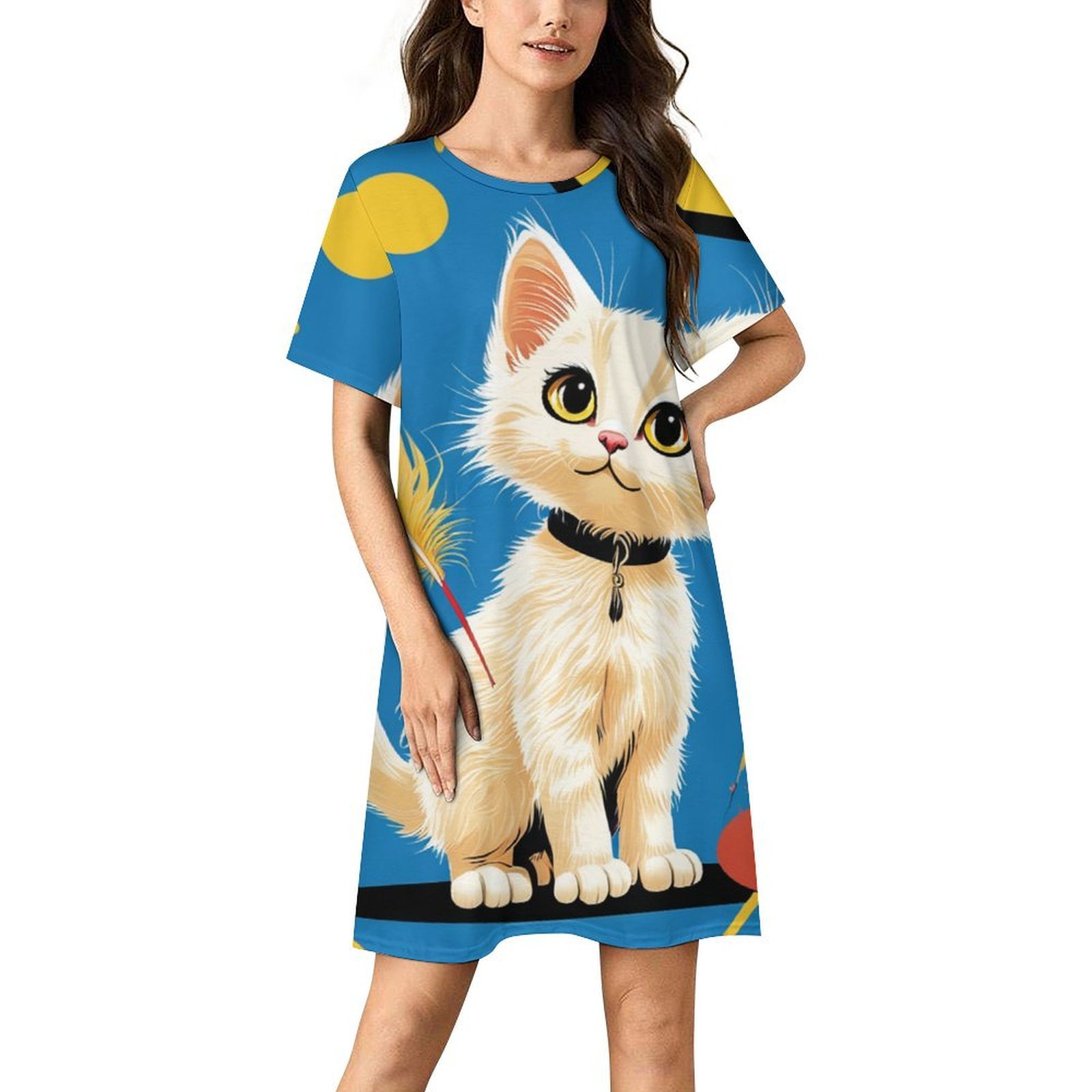 Cute Cat Pop Art Women Nightgown Sleepwear Short Sleeves For Vacations ...