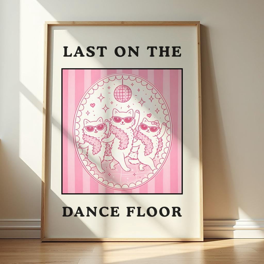 Cute Cat Poster, Last On The Dance Floor Print, Funny Disco Cats Wall ...