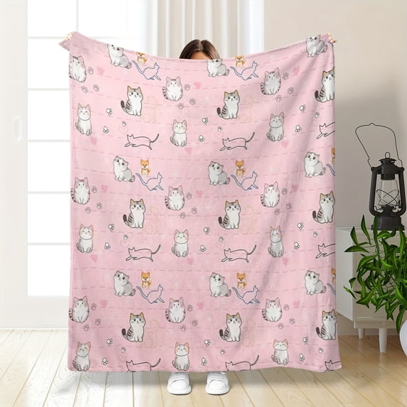 [Cute Cat Print Blanket] Pink Flannel Cat Print Throw Blanket | Knitted ...