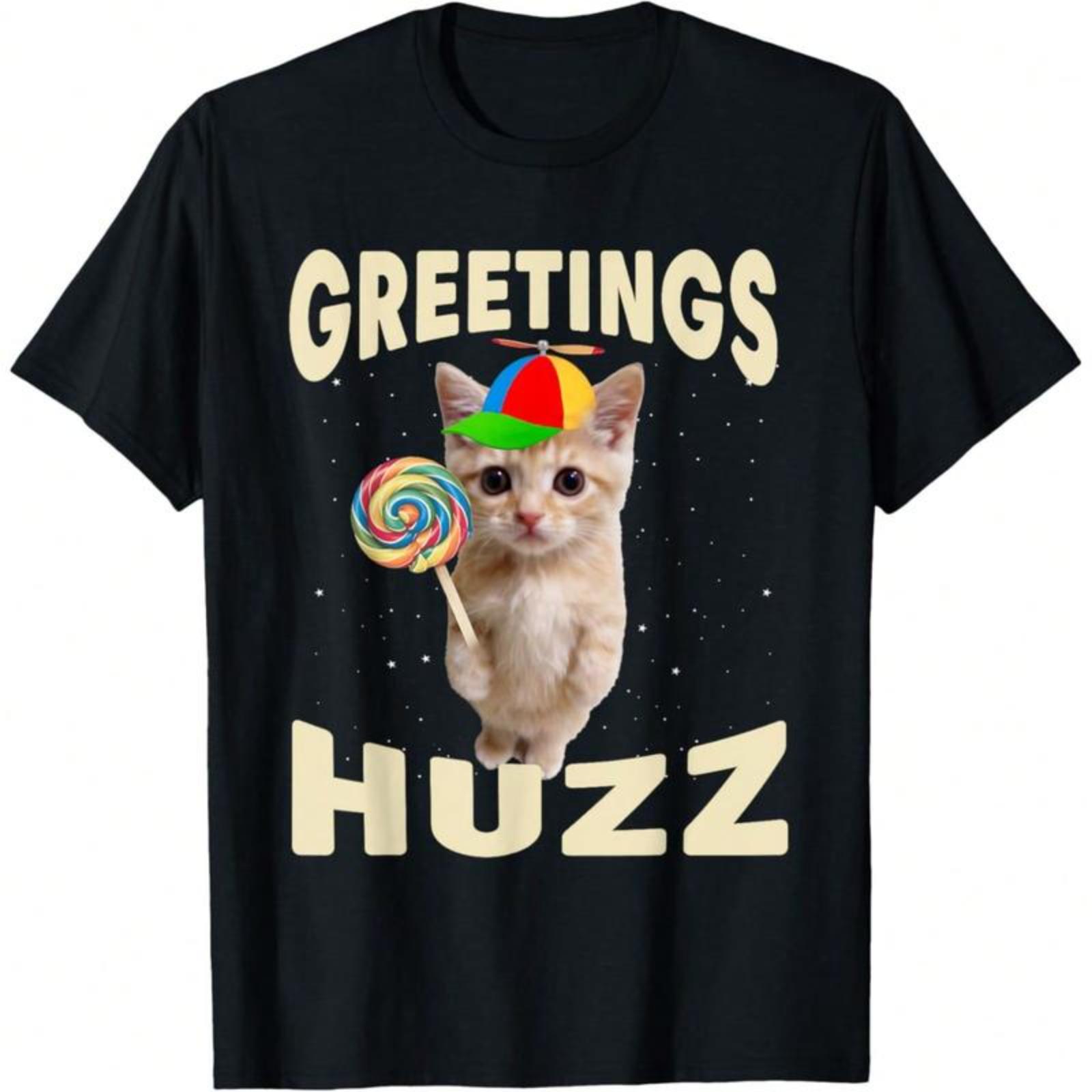 Cute Cat Print Daily Tee, Greetings Huzz Funny Gen Z Gen Alpha Slang ...