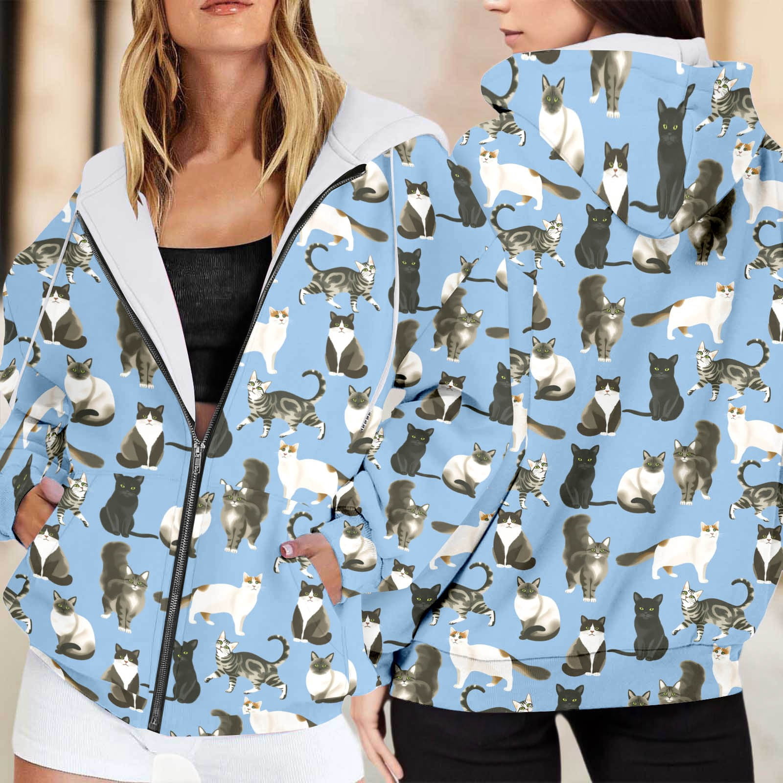 Cute Cat Print Women's Hoodie Long Sleeve Zip Up Relax Fit Spring ...