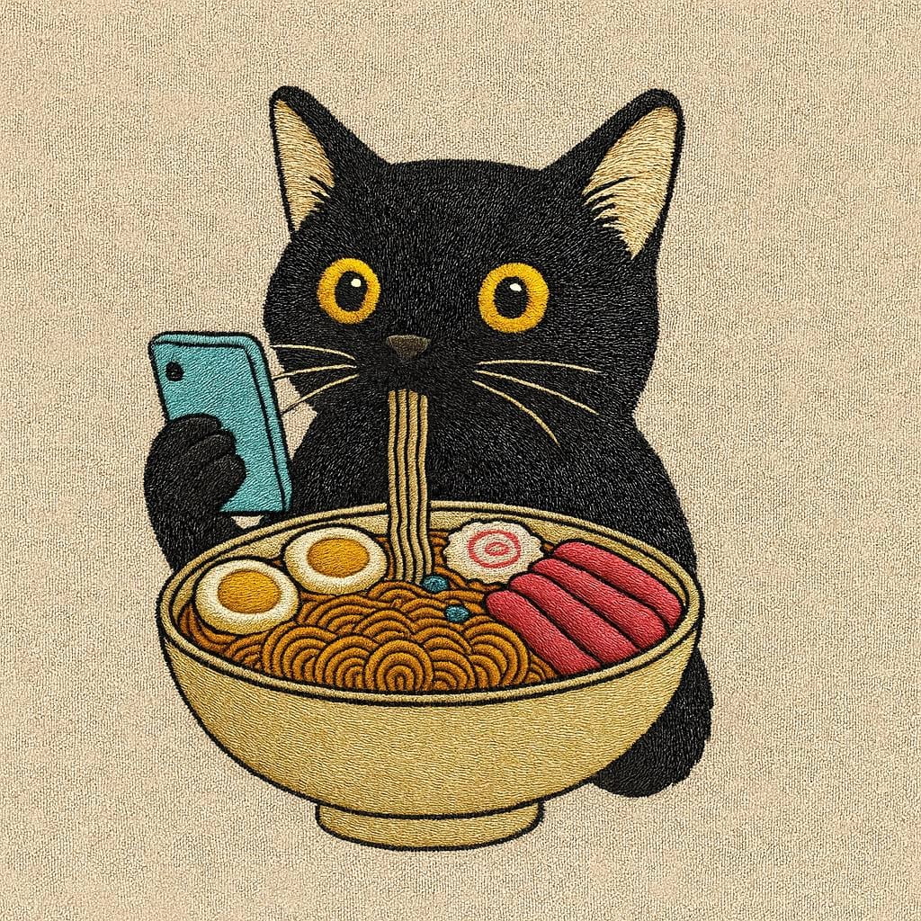 Cute Cat Ramen Embroidery Design, Black Cat Eating Noodles Stitch ...