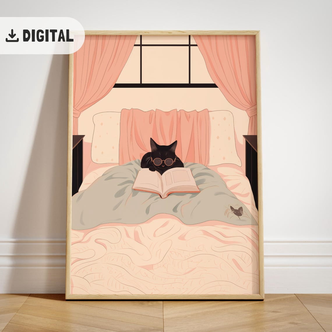 Cute Cat Reading Poster Book Lovers Pink Girl Bedroom Decor Vintage ...