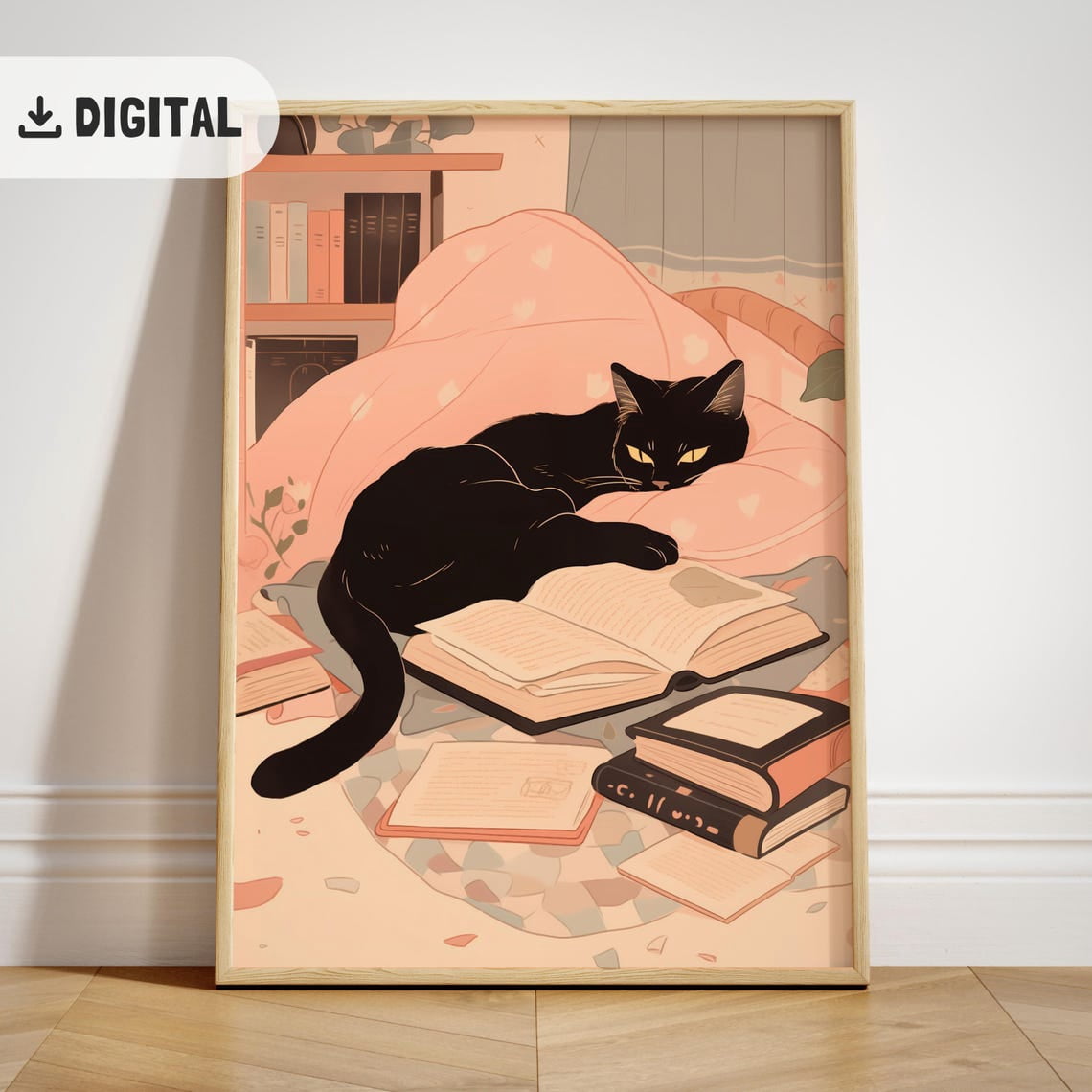 Cute Cat Reading Poster Cat Lovers Pink Girl Bedroom Decor Vintage ...