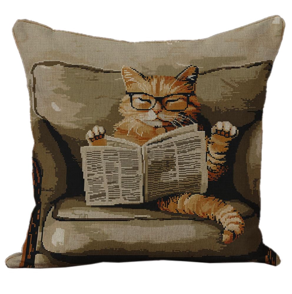 Cute Cat Reading on Sofa DIY 11CT Stamped Cross Stitch Pillowcase Kits ...