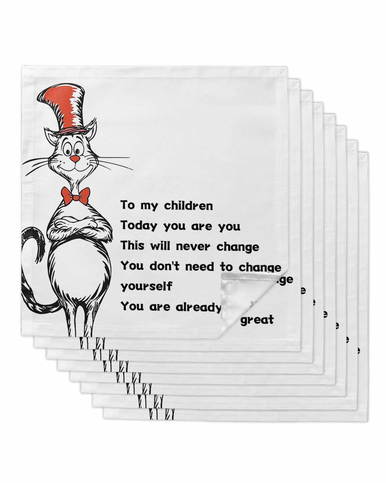 Cute Cat Red Hat Cloth Napkins Set of 8 Reusable Dinner Napkins, Simple ...
