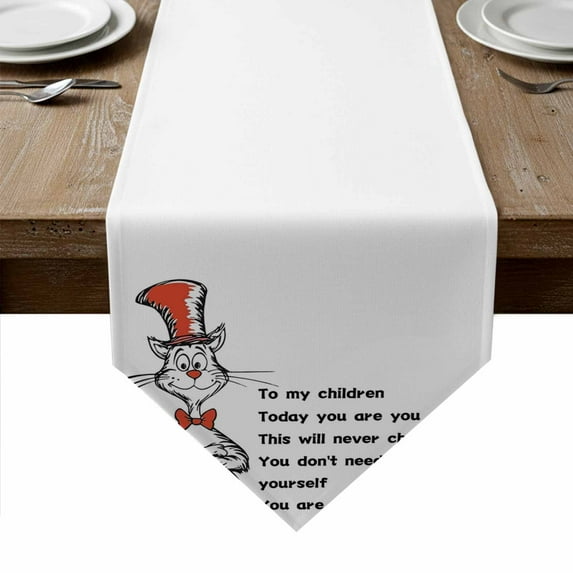Cute Cat Red Hat Table Runner Linen Burlap Table Runner 90 Inches Long ...