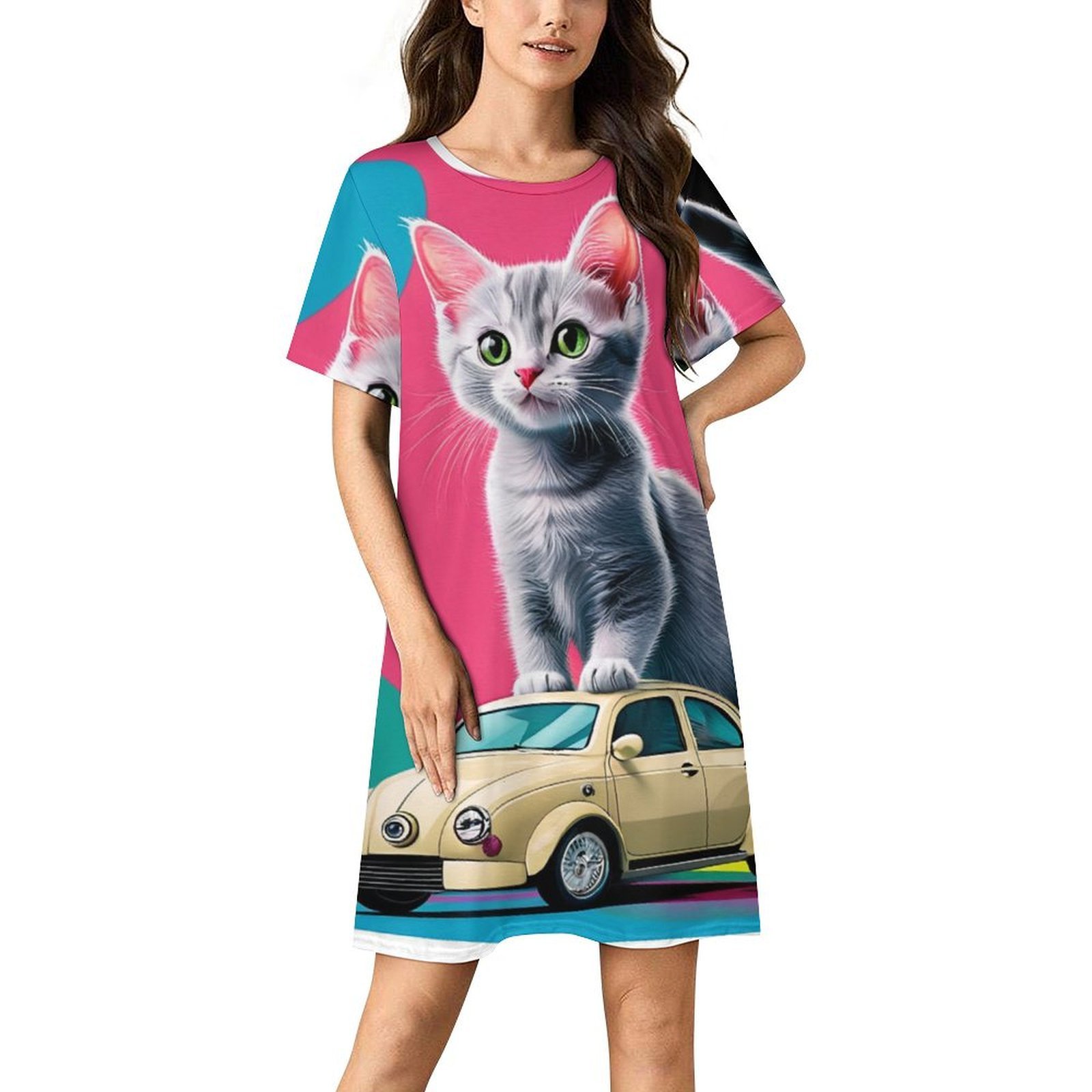 Cute Cat Retro Art Women Nightgown Sleepwear Short Sleeves For ...