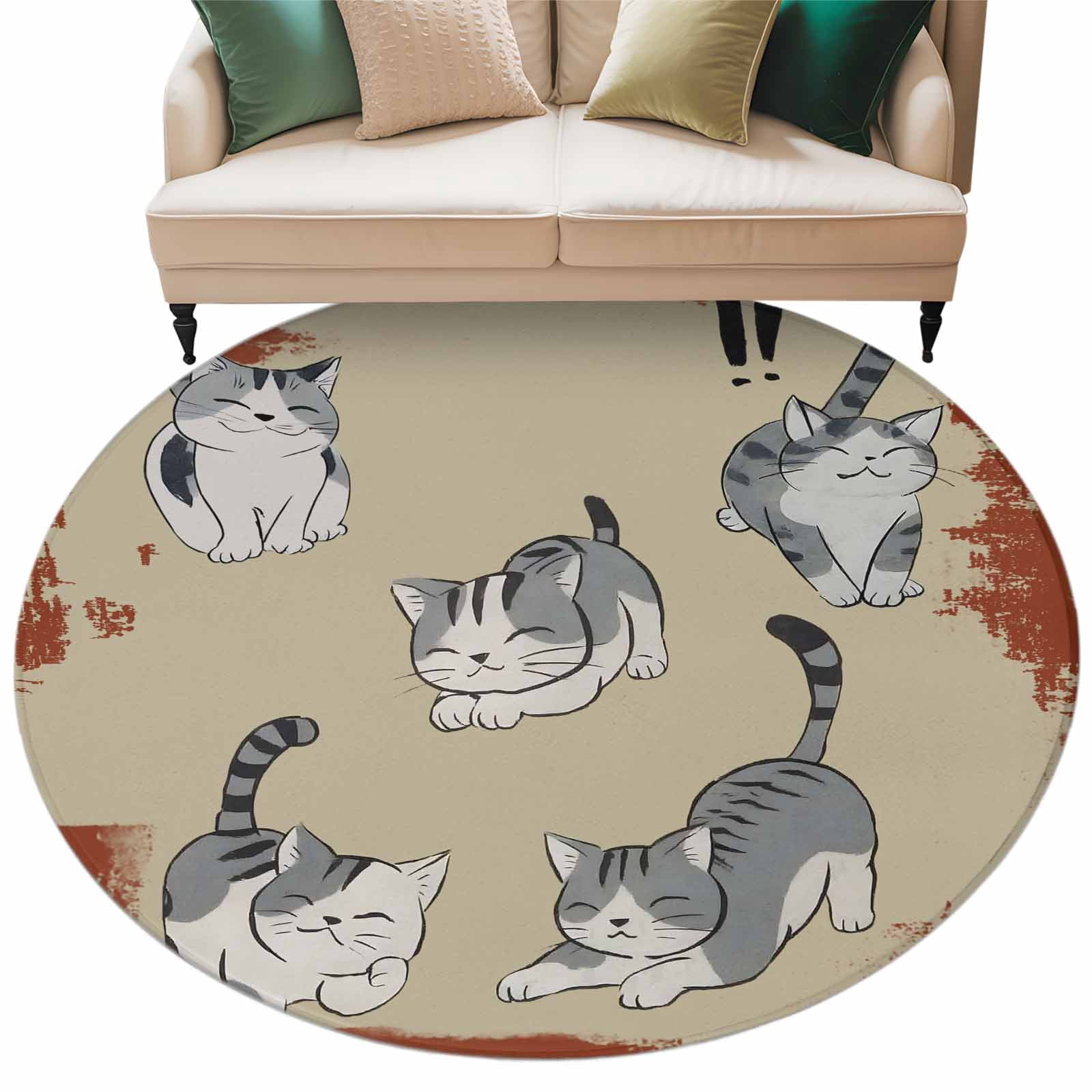 Cute Cat Round Area Rugs Collection 7', Burnt Orange Beige Vintage ...