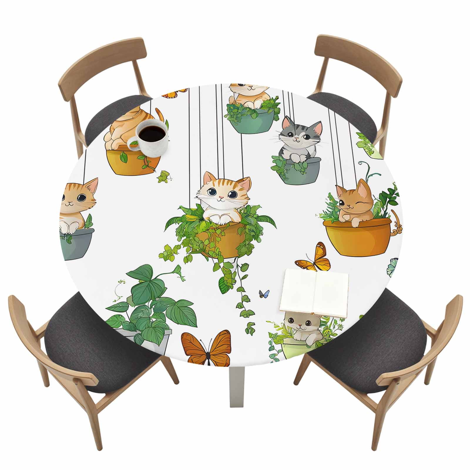 Cute Cat Round Fitted Tablecloth with Elastic Edge Green Potted Plant ...