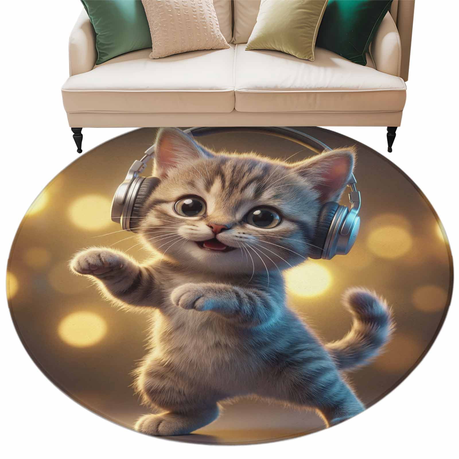 Cute Cat Round Rug 7ft Washable Circle Rugs Non Slip Funny Abstract ...