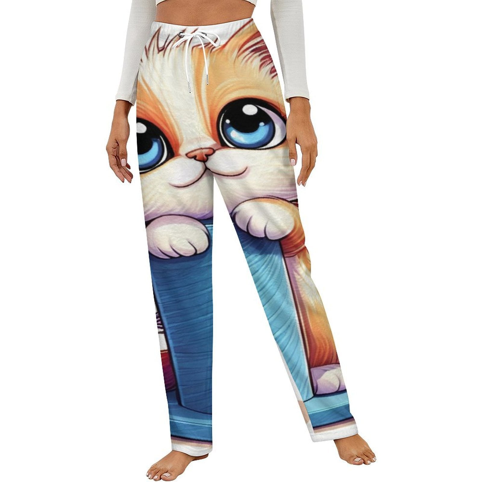 Cute Cat Scratching Post Winter Female Pants Flannel High Waist Women ...