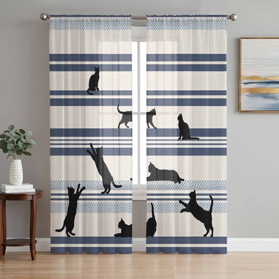 Cute Cat Semi Sheer Curtains 63 Inch Length 2 Panels Set, Funny Playing ...