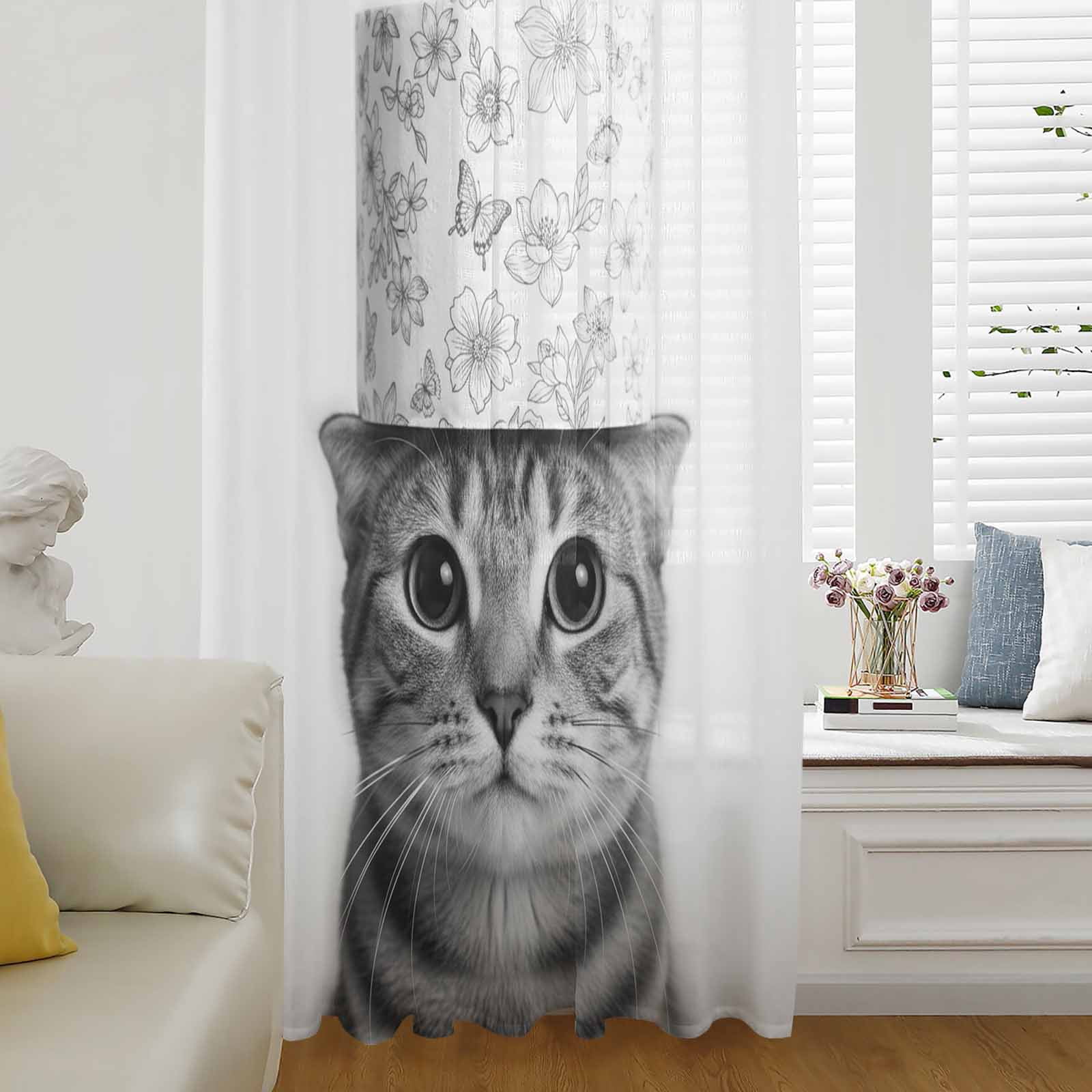 Cute Cat Semi Sheer Curtains Drapes for Living Room, Bedroom, French ...