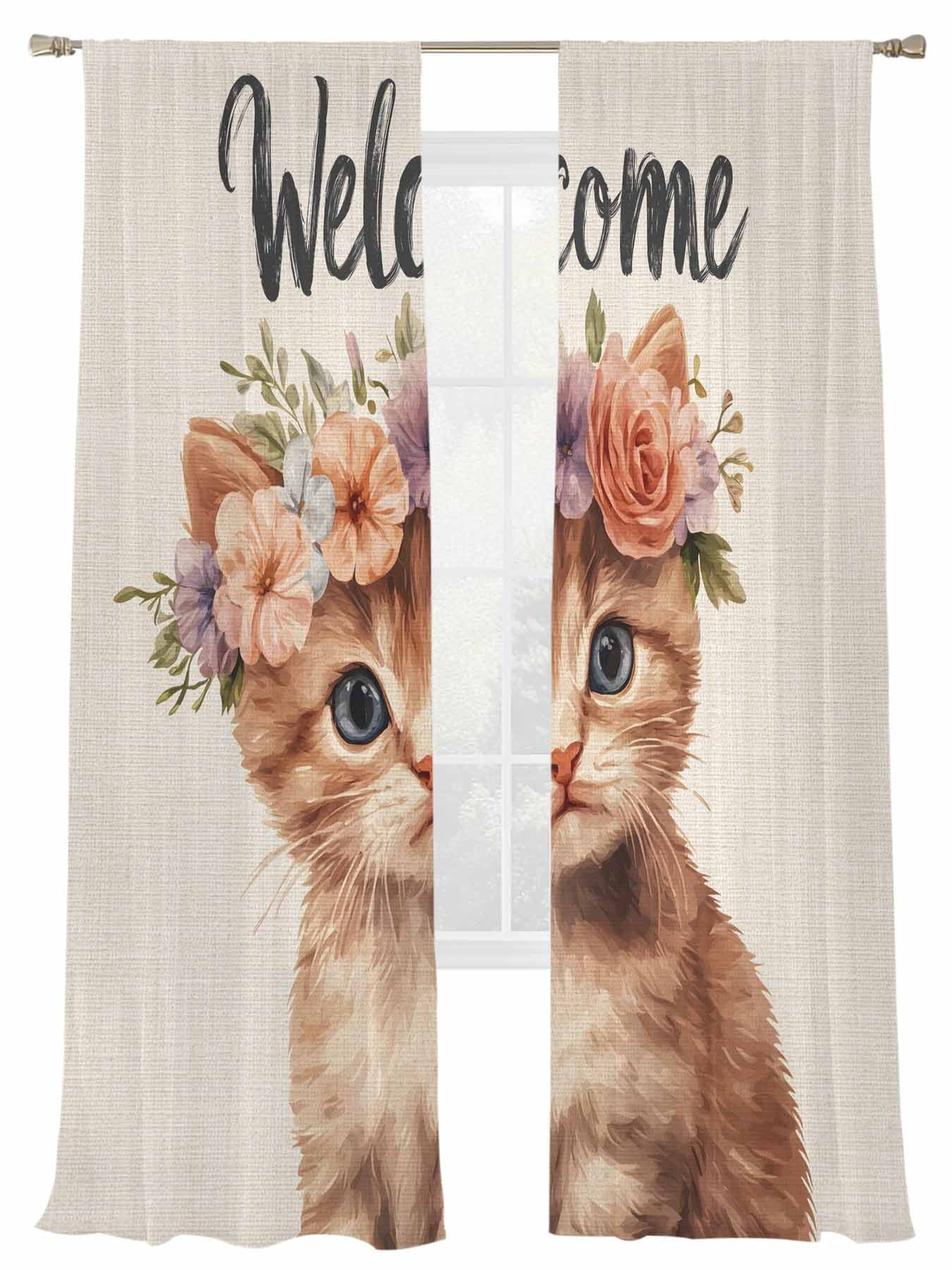 Cute Cat Sheer Curtains 2 Panels Set Garland Sheer Window Curtains ...