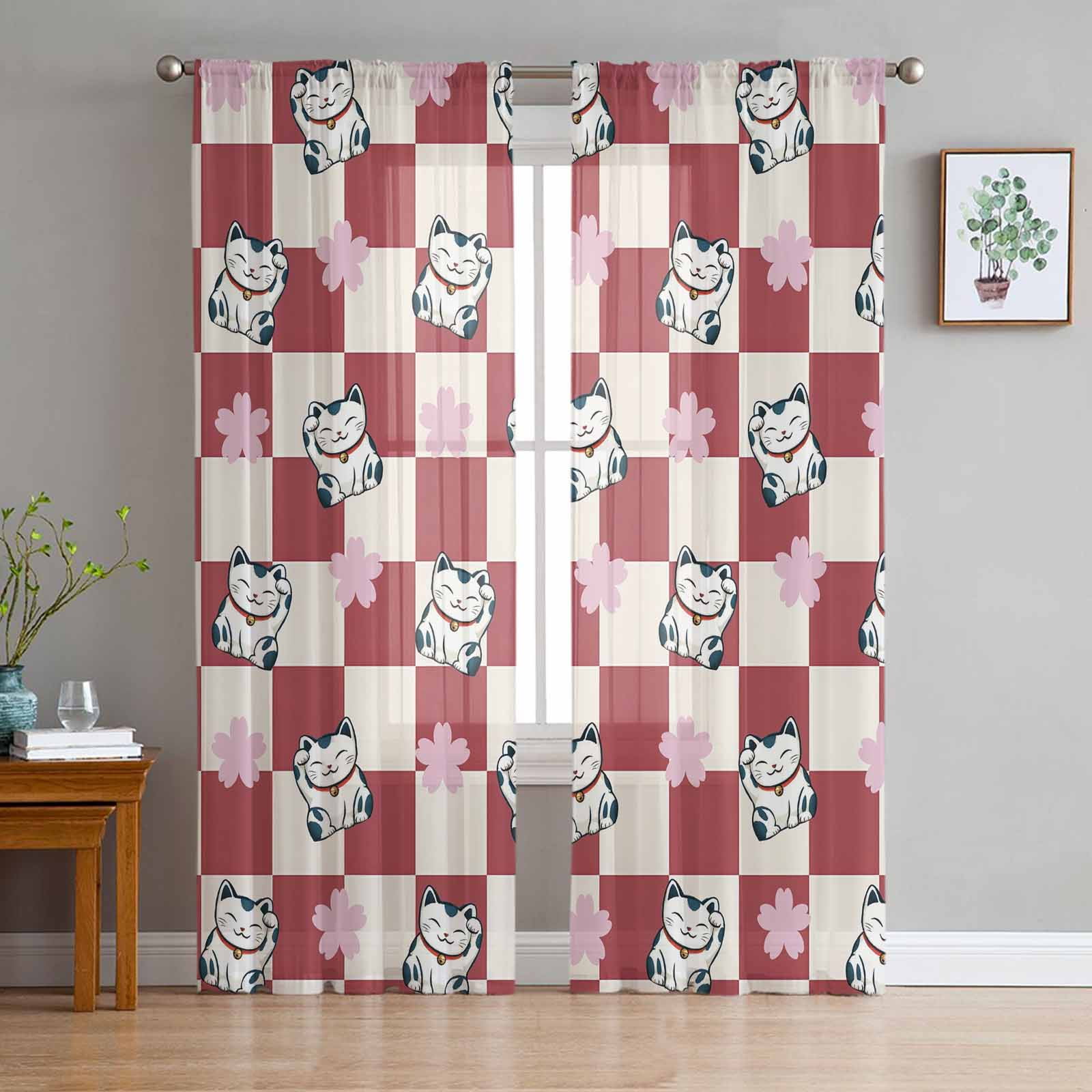 Cute Cat Sheer Curtains 63 Inch Length 2 Panels Set, Semi Transparent ...
