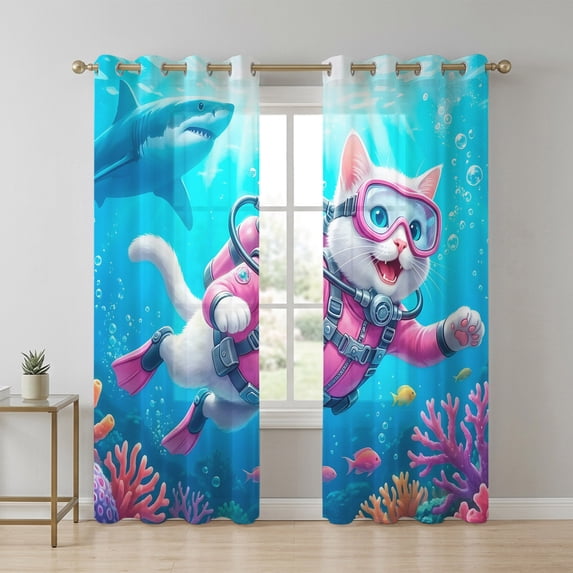 Cute Cat Sheer Curtains 84 Inch Long 2 Panels, Pink Diving Suit Shark ...