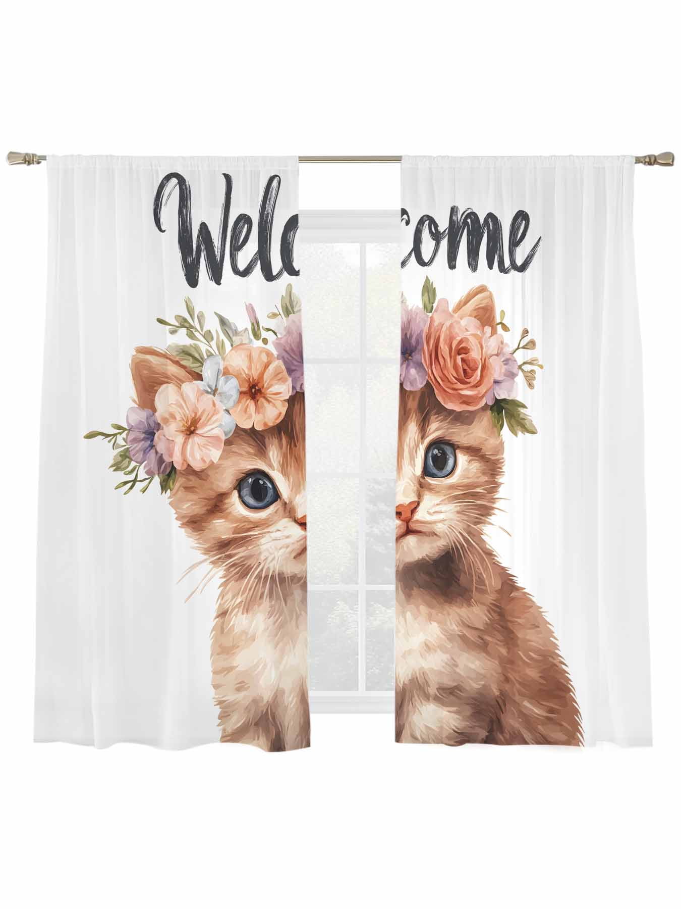 Cute Cat Sheer Curtains for Living Room Bedroom, Garland Light ...