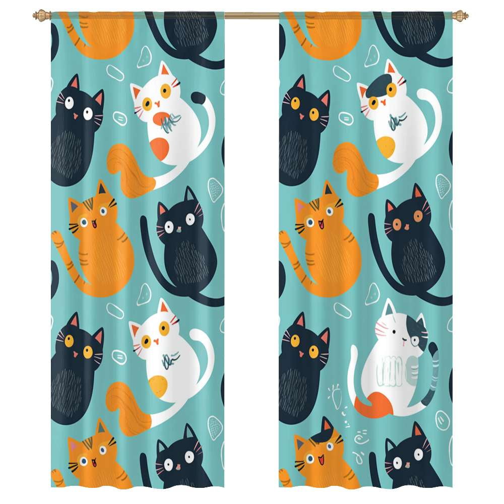 Cute Cat Sheer Window Curtains for Living Room Kitchen Bedroom Tulle ...