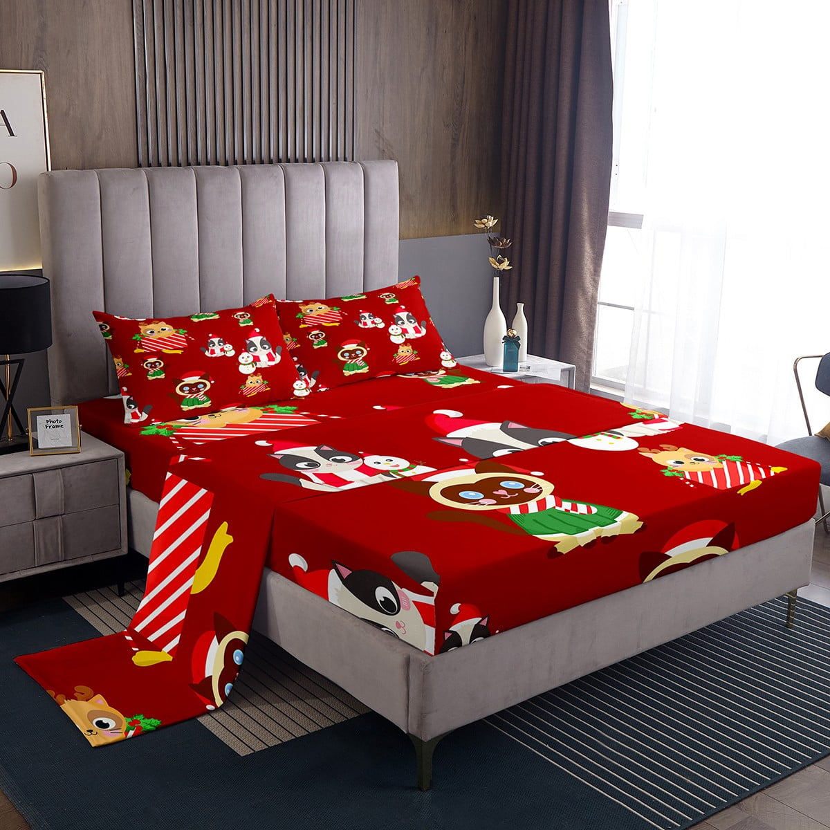 Cute Cat Sheets Cartoon Kitty for Christmas Day Bed Sheets Set Xmas ...