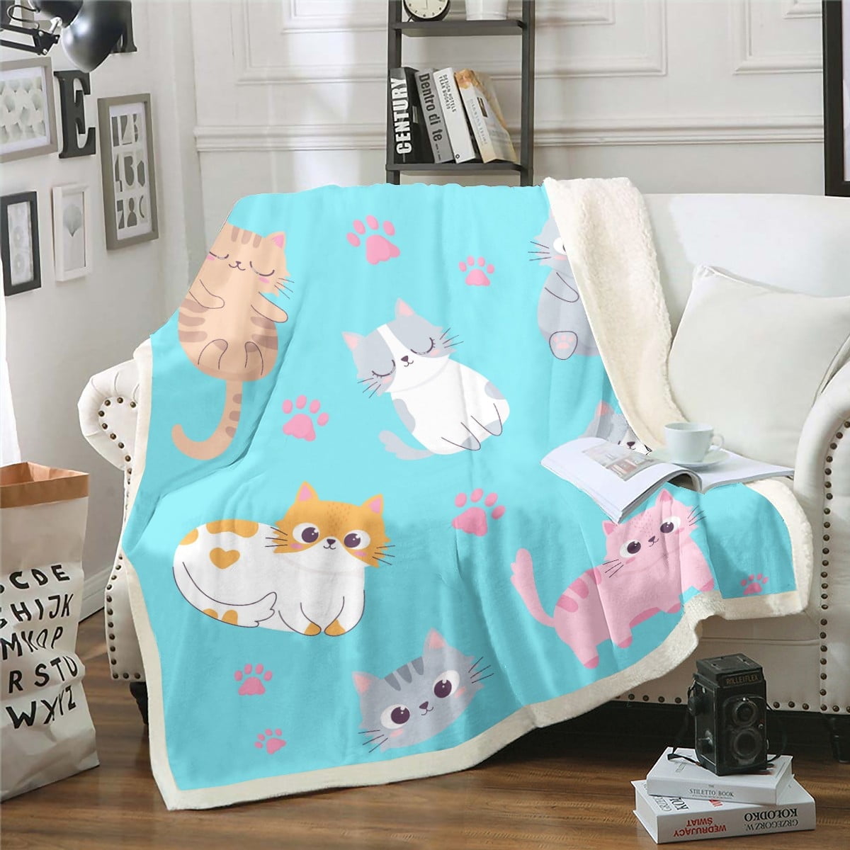 Cute Cat Sherpa Blanket Kawaii Animal Queen 90"X90" Throw Blanket ,Cartoon Cats Fleece Blanket ...
