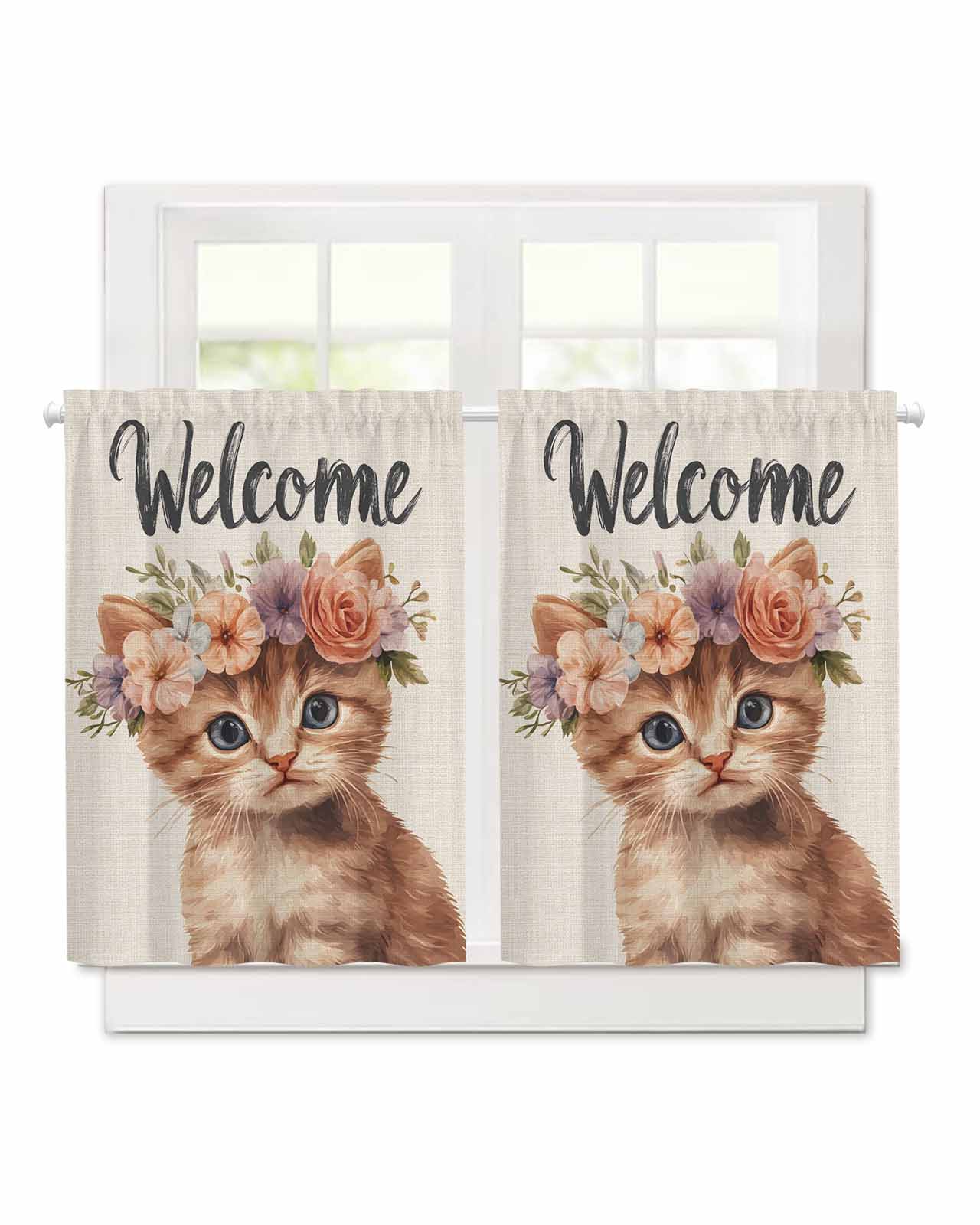 Cute Cat Short Blackout Curtains 45 Inch Long Garland Welcome Retro Rod ...