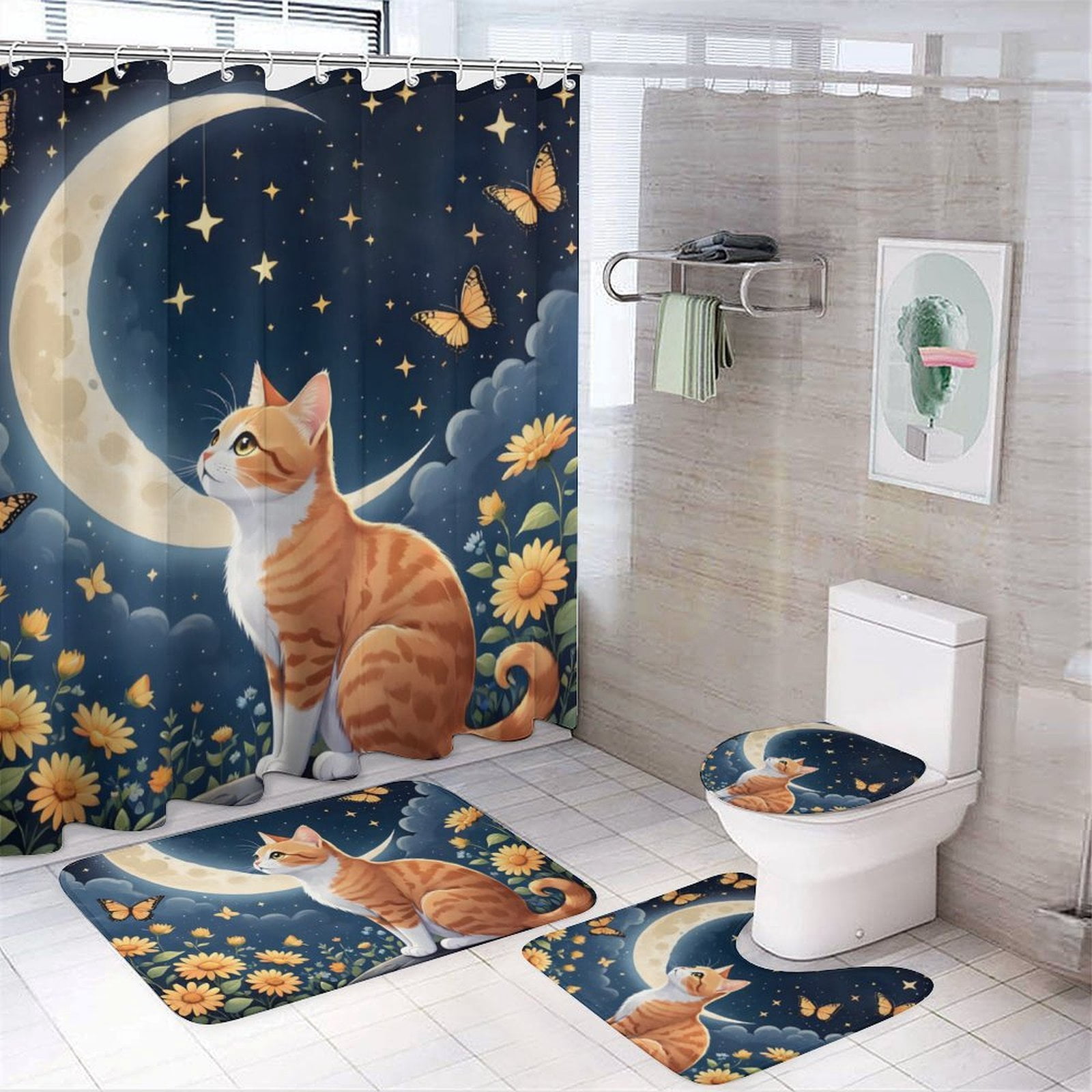 Cute Cat Shower Curtain 4-Piece Bathroom Decor Set, Includes 72" x 72 ...
