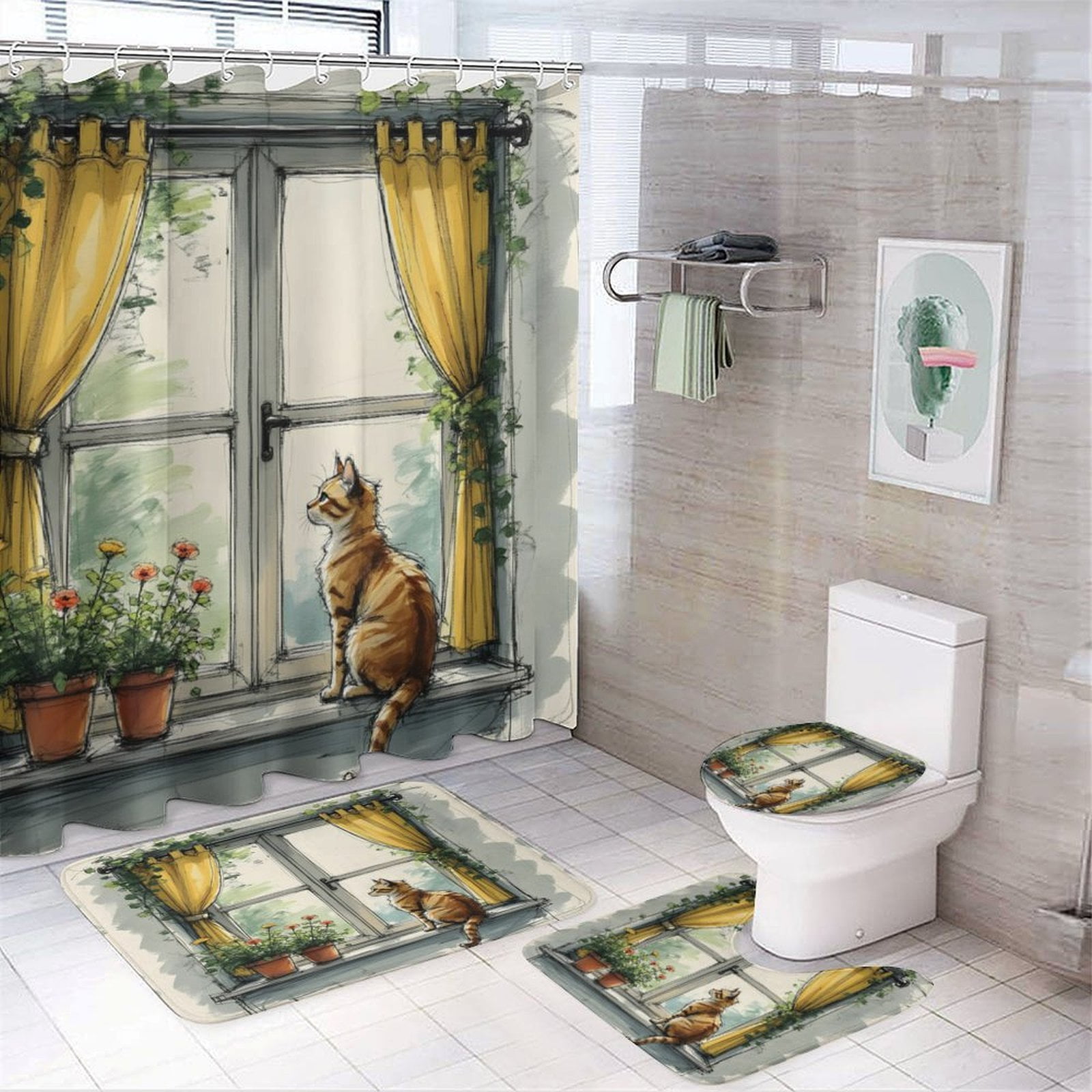 Cute Cat Shower Curtain 4-Piece Bathroom Rug Set, Includes 72" x 72 ...
