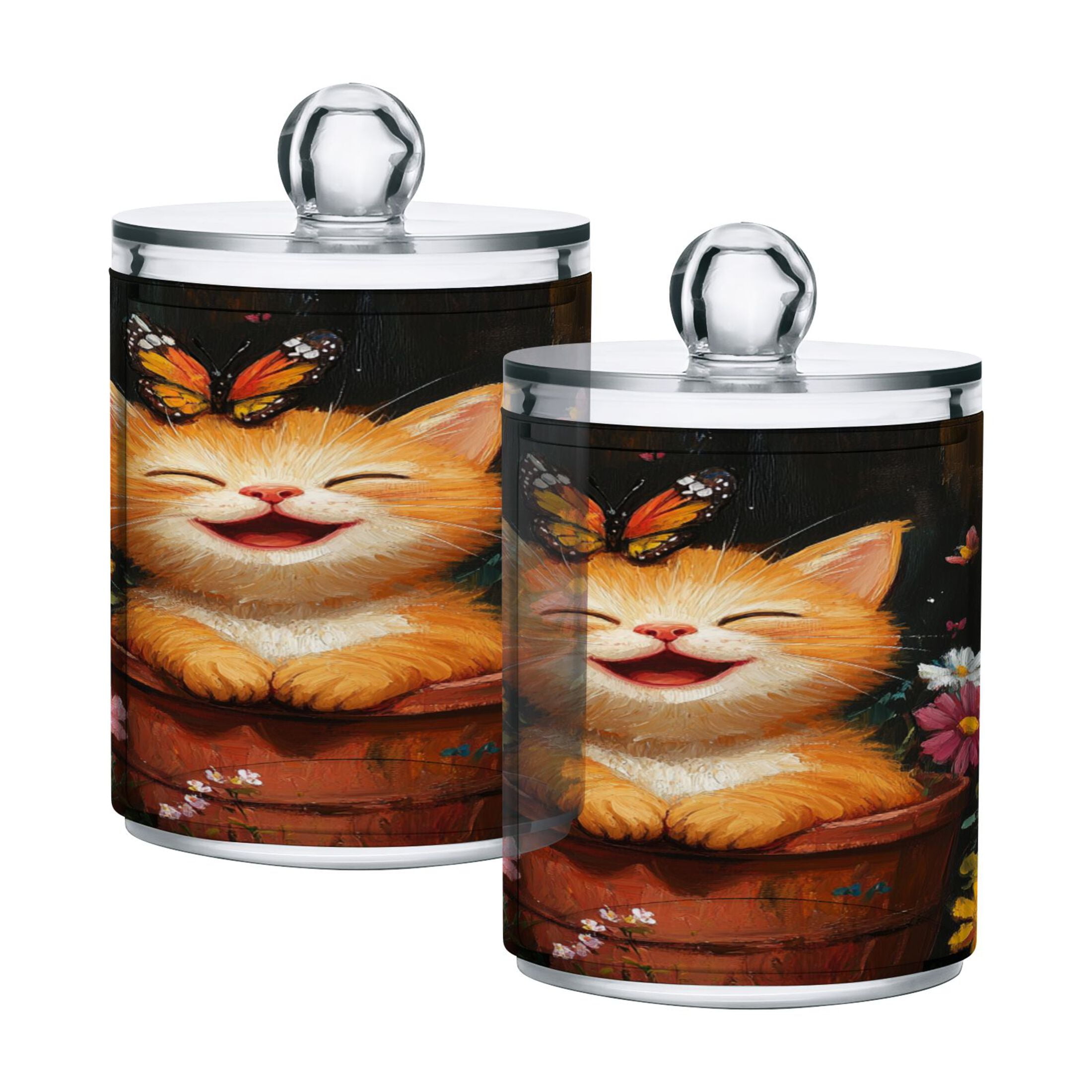 Cute Cat Sit in Flowerpot Butterfly Translucent Plastic Cans Storage ...