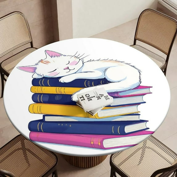 Cute Cat Sleeping Books Round Table Cover Kitchen Printed Waterproof ...