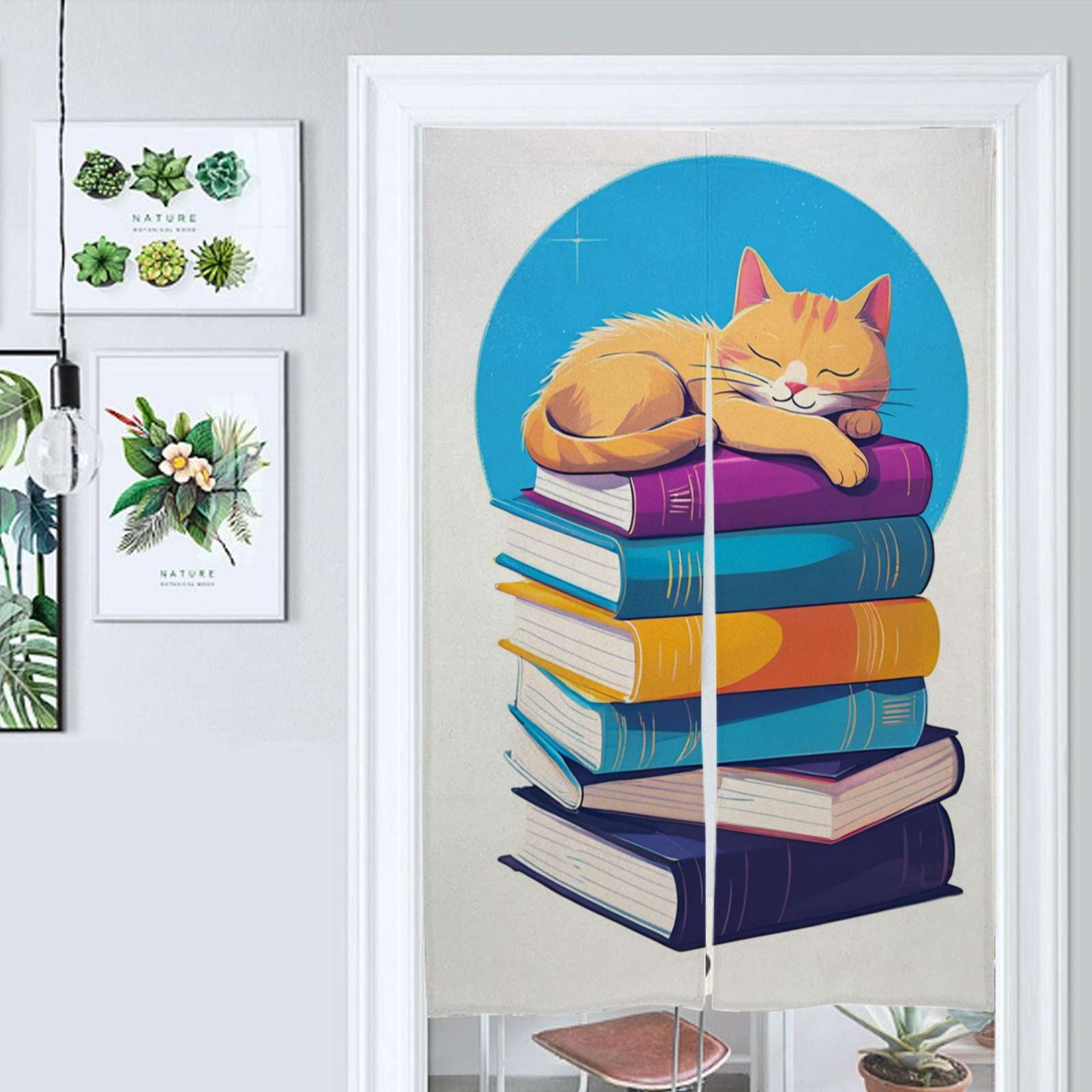 Cute Cat Sleeping On Books Door Curtain Nordic Living Room DoorCurtain ...