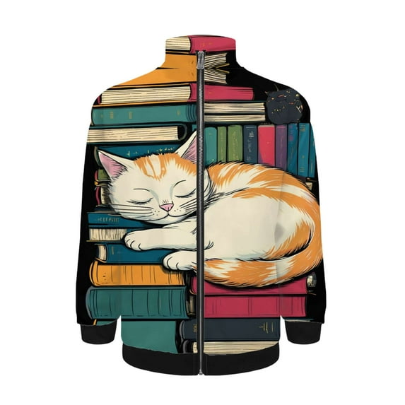 Cute Cat Sleeping On Books Jacket Men's Street Cool Long Sleeves Coat ...